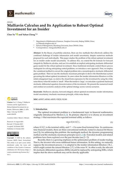 Pdf Malliavin Calculus And Its Application To Robust Optimal Investment For An Insider