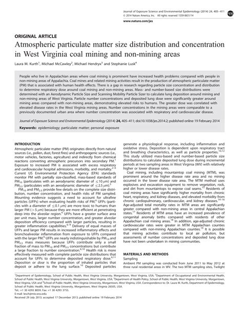 Pdf Atmospheric Particulate Matter Size Distribution And Concentration In West Virginia Coal