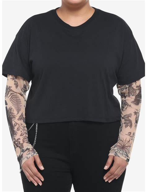 Tattoo Mesh Twofer Girls Crop Long Sleeve T Shirt Plus Size Hot Topic