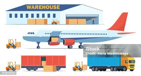 창고에서 다양한 유형의 화물 운송으로 물품을 적재하는 상자 화물기 기차 트럭 및 지게차는 화물을 적재합니다 화물 및 배송 요소 세트 벡터 일러스트레이션 0명에 대한 스톡