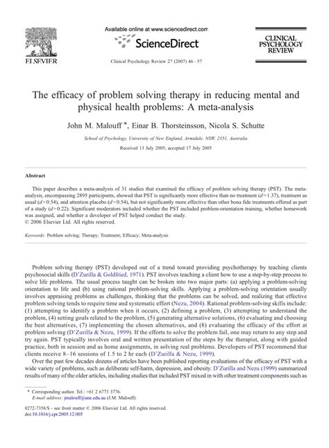 Pdf The Efficacy Of Problem Solving Therapy In Reducing Mental And Physical Health Problems A