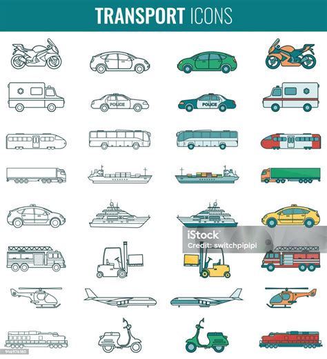 교통 아이콘 설정합니다 도시 자동차와 차량 수송입니다 자동차 선박 비행기 기차 오토바이 헬기 개요 아이콘입니다 벡터 영국에 대한 스톡 벡터 아트 및 기타 이미지 Istock