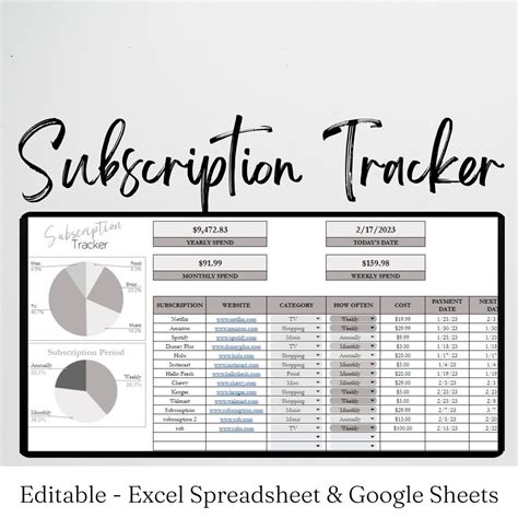 Subscriptions Tracker Excel Spreadsheet Subscription Tracker Printable Subscriptions Tracker