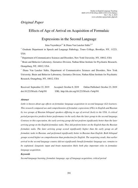Pdf Effects Of Age Of Arrival On Acquisition Of Formulaic Expressions In The Second Language