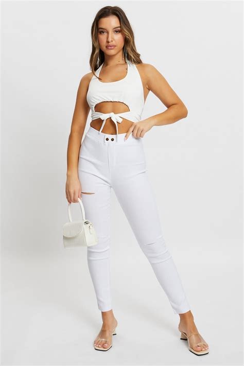 Womens White Tie Cut Out Halter Top Ally Fashion