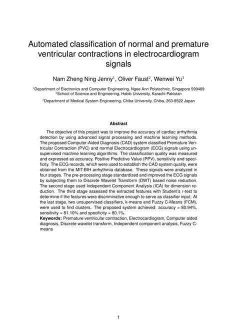 PDF Automated Classification Of Normal And Premature Ventricular Contractions In