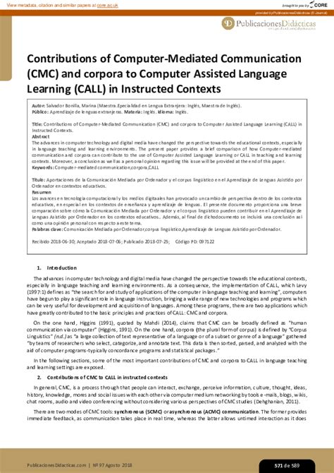 Pdf Contributions Of Computer Mediated Communication Cmc And Corpora To Computer Assisted