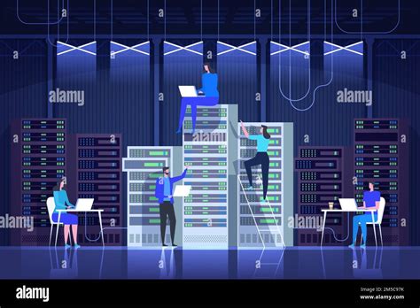 Server Room System Administration Control Center People Working And Managing It Technology