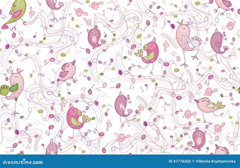Vector Seamless Music Pattern Singing Birds And Fun Notes Stock