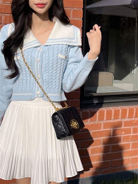 델라드 Della De 다이아 하트 단추 세일러 세라 카라 배색 꽈배기 버튼 숏 크롭 긴팔 니트 가디건 위시버킷