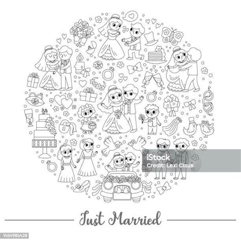 벡터 흑백 결혼식 라운드 프레임과 그냥 결혼 한 부부 배너 초대장에 대 한 결혼식 카드 템플릿입니다 귀여운 선 결혼 일러스트 또는 색칠하기 가공의 인물에 대한 스톡 벡터