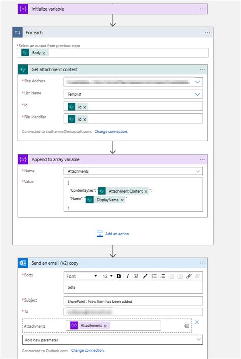how to send sharepoint file as email attachment using logic app azure