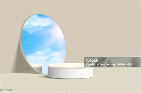 3d 화이트 크림 연단 디스플레이 실린더 받침대 또는 구름 하늘 및 태양이 벽에 기대는 원형 거울 유리에 있는 진열장을 위한 단계 모형 또는 제품 프레젠테이션을 위한 야외
