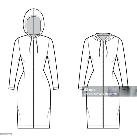 지퍼업 후드 드레스 의 긴 소매 무릎 길이 몸에 맞는 연필 충만 0명에 대한 스톡 벡터 아트 및 기타 이미지 0명 검은색 공란 Istock
