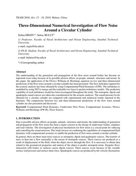 Pdf Three Dimensional Numerical Investigation Of Flow Noise Around A Circular Cylinder Team