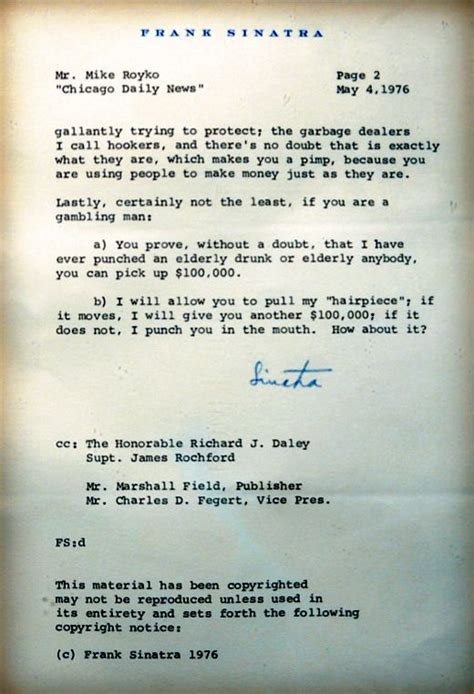 Sinatras Angry Letter Page 2 In 1976 Frank Sinatra Wrote The Letter