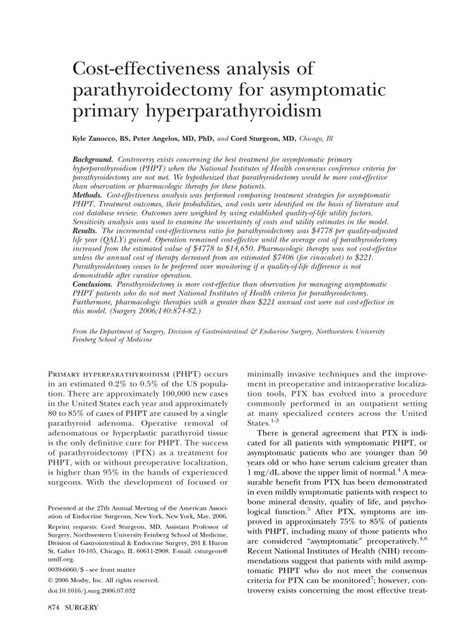 Pdf Cost Effectiveness Analysis Of Parathyroidectomy For Asymptomatic Primary