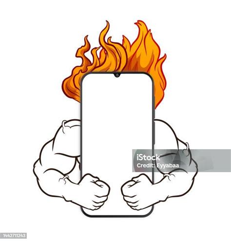 강한 운동 근육질의 손과 불 불꽃이 있는 스마트폰 모형은 빈 배경에 그림을 그립니다 디자인에 대한 스톡 벡터 아트 및 기타