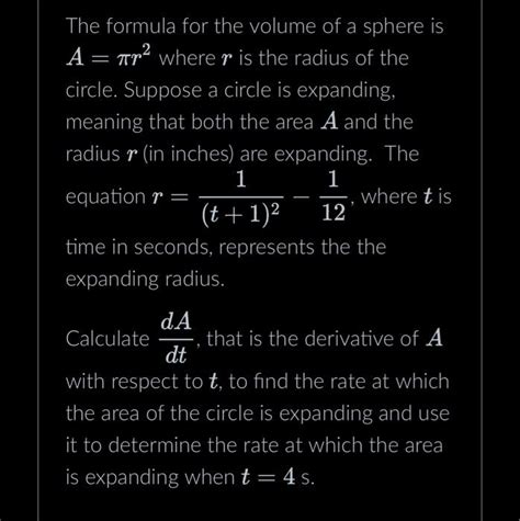 Solved The Formula For The Volume Of A Sphere Is Aπr2 Where