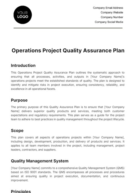 Free Operations Project Quality Assurance Plan Template Edit Online And Download