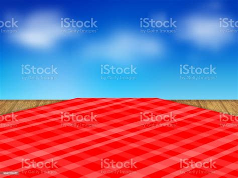 디자인에 대 한 템플릿입니다 구름과 하늘 배경에 빨간색 식탁보와 테이블 현실적인 스타일입니다 벡터 일러스트입니다 0명에 대한