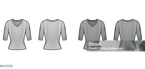 리브드 V넥 니트 스웨터 테크니컬 패션 일러스트와 팔꿈치 소매 클로즈핏 모양 0명에 대한 스톡 벡터 아트 및 기타 이미지 0명 T 셔츠 검은색 Istock