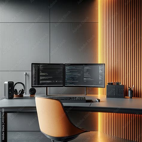 Modern Workspace Featuring Dual Monitors Displaying Coding Interfaces Ergonomic Office Chair
