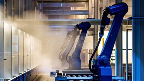 A Futuristic Assembly Line Where Robotic Arms Incorporate Ecofriendly Cooling Technologies With