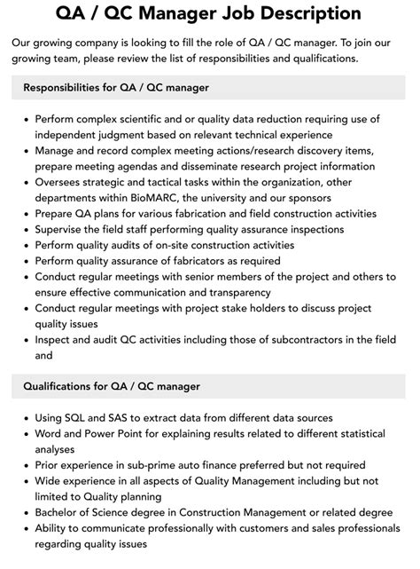 qa qc manager job description velvet jobs