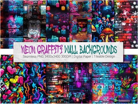 Neon Graffiti Wall Backgrounds 13 Seamless Digital Papers Tileable Png Patterns Instant