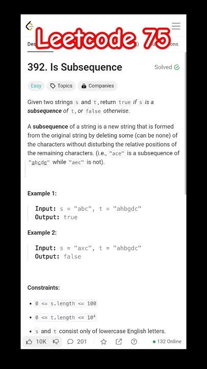 leetcode 75 392 is subsequence leetcode coding programming shorts ytshorts