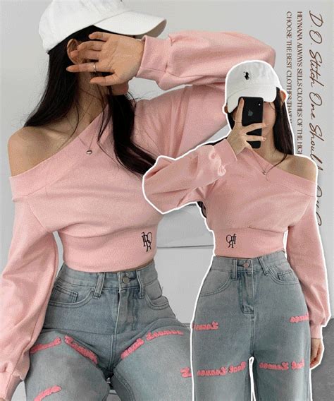 [허리잘록 자수포인트~러블리힙ღ원숄더오프 오프숄더 맨투맨] 디오자수원숄더오프크롭 에이블리