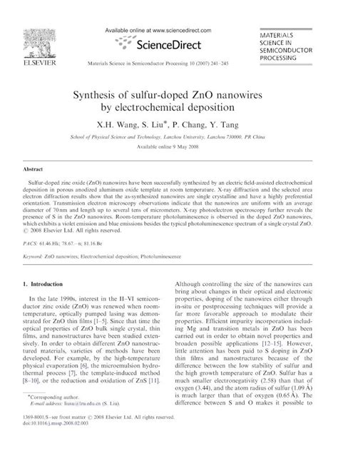 Pdf Synthesis Of Sulfur Doped Zno Nanowires By Electrochemical