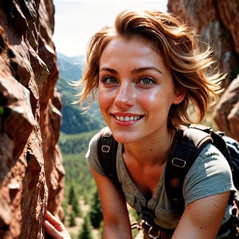 Woman Doing Rock Climbing Smiling Fitness Activity Premium Ai Generated Image