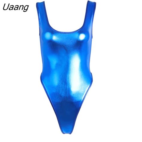 Uaang Women Patent Leather Thong Leotard Bodysuit Shiny Metallic High