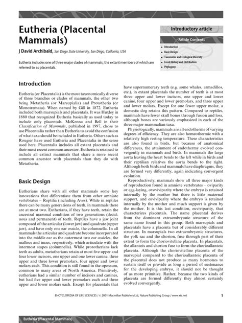 Eutheria Placental Mammals J David Archibald Pdf Mammals Amniotes