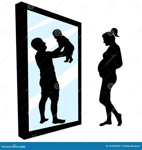 Pregnant Woman Is Standing In Front Of A Mirror Girl Sees In Reflection A Happy Father With A