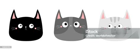 귀여운 블랙 그레이 고양이 새끼 고양이 키티 머리 얼굴 실루엣 아이콘 세트 가와이이 만화 슬픈 캐릭터 해피 발렌타인 데이 아기 인사말 카드 티셔츠 노트북 커버 프린트 흰색