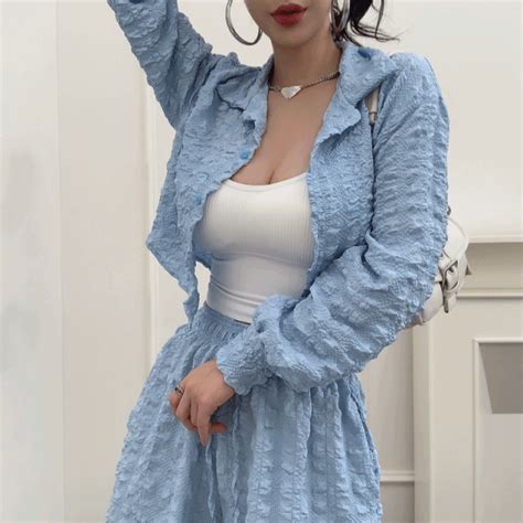 COLOR 국내고퀄 상의픽 엠보 주름 밴딩 스판 크롭 블라우스 셔츠 버닝블루 에이블리