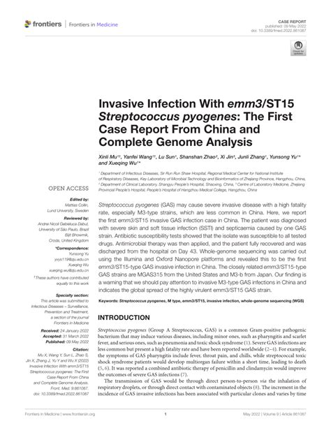 Pdf Invasive Infection With Emm3 St15 Streptococcus Pyogenes The First Case Report From China