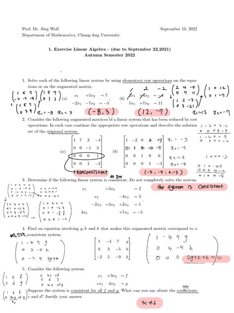 01 Exercise Pdf System Of Linear Equations Matrix Mathematics