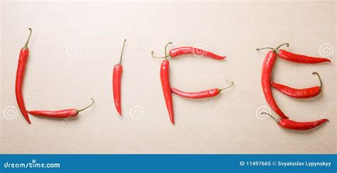 Word Life Written With Red Chili Peppers On Table Stock Image Image
