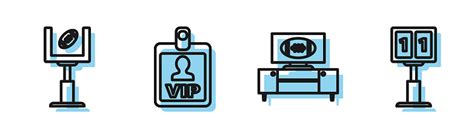 Tv 프로그램과 스탠드 미식 축구 목표 포스트와 축구 공 Vip 배지와 스포츠 축구 기계 점수 판 및 결과 디스플레이 아이콘에