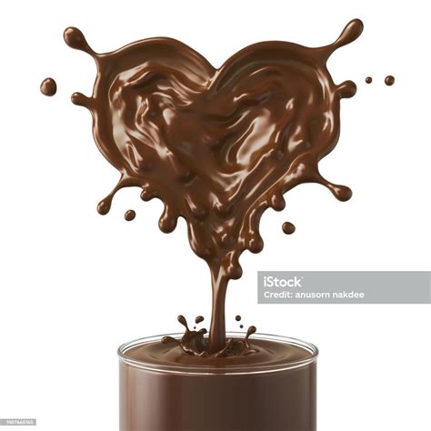 유리에 초콜릿의 스플래시 및 쏟아지는 심장 모양 클리핑 경로와 배경에 고립 3d 렌더링 초콜릿에 대한 스톡 사진 및 기타 이미지 Istock