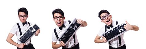 Nerd Hacker With Computer Keyboard On White Set Compilation Humor