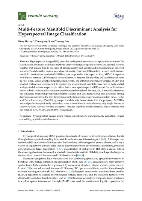Pdf Multi Feature Manifold Discriminant Analysis For Hyperspectral Image Classification