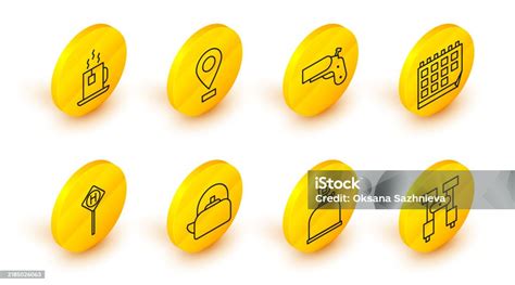 세트 라인 쌍안경 캠핑 가스 렌지 손잡이가 달린 주전자 주차 달력 플레어 건 권총 위치 및 차 티백 아이콘의 컵 벡터 3차원 형태에 대한 스톡 벡터 아트 및 기타 이미지