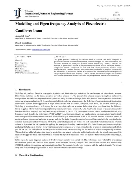Modelling And Eigen Frequency Analysis Of Piezoelectric Cantilever Beam Pdf Piezoelectricity