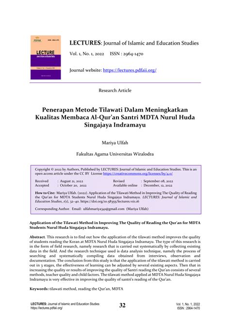 Pdf Application Of The Tilawati Method In Improving The Quality Of Reading The Quran For Mdta