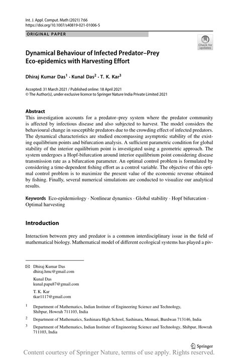 Dynamical Behaviour Of Infected Predatorprey Eco Epidemics With